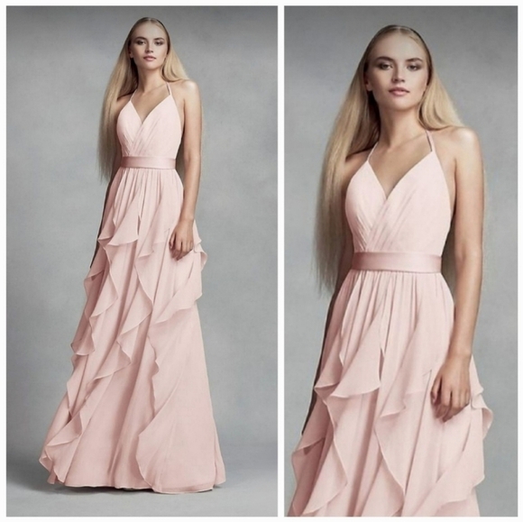 Vera Wang | Dresses | Vera Wang Women White Ruffle V Neck Flange Blush ...